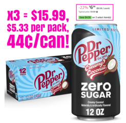 Dr Pepper Zero Sugar Creamy Coconut Soda, 12 fl oz cans, 12 Packs for ...