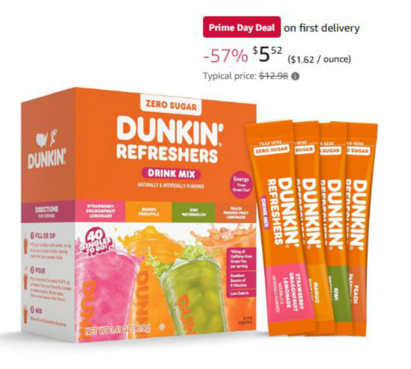 40-Pack Dunkin’ Zero Sugar Refreshers Singles $5.52 or $6.17 (reg $12. ...
